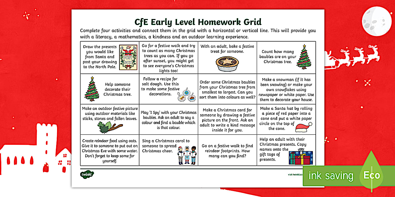 Early Level Christmas CfE Homework Grid (Teacher-Made)
