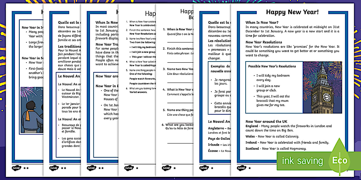 New Year Differentiated Reading Comprehension Activity English/French