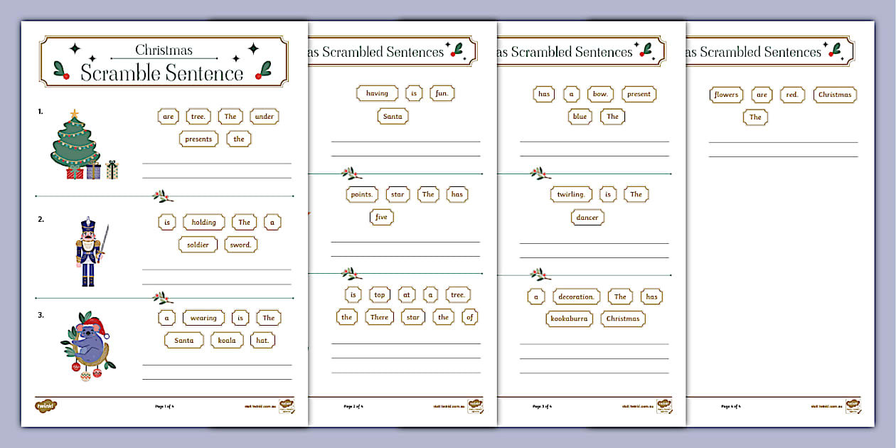 Christmas Sentence Scramble Worksheets (Teacher-Made)
