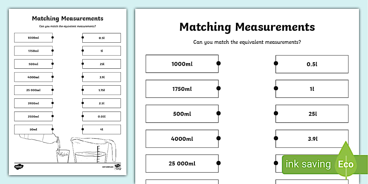 👉 Matching Measurements ml and l Activity Sheet - Twinkl