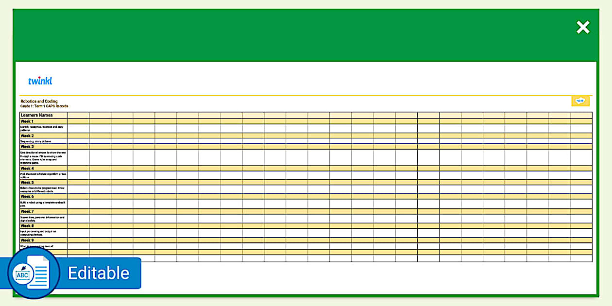 Week-by-week Assessment Records Grade 1 Term 1 - Twinkl