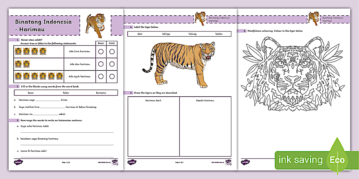 Indonesian Animals: Tigers Activity - Indonesian - Twinkl