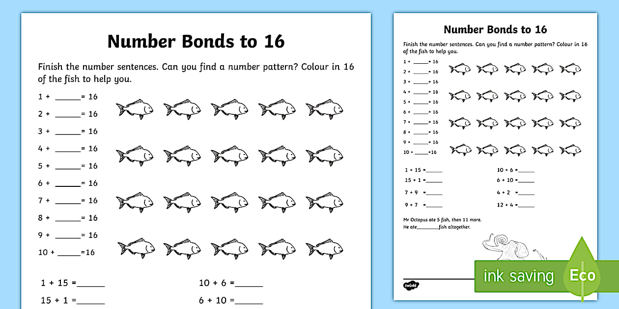 Number Bonds Within 20: Bonds to 16 Worksheet / Worksheet