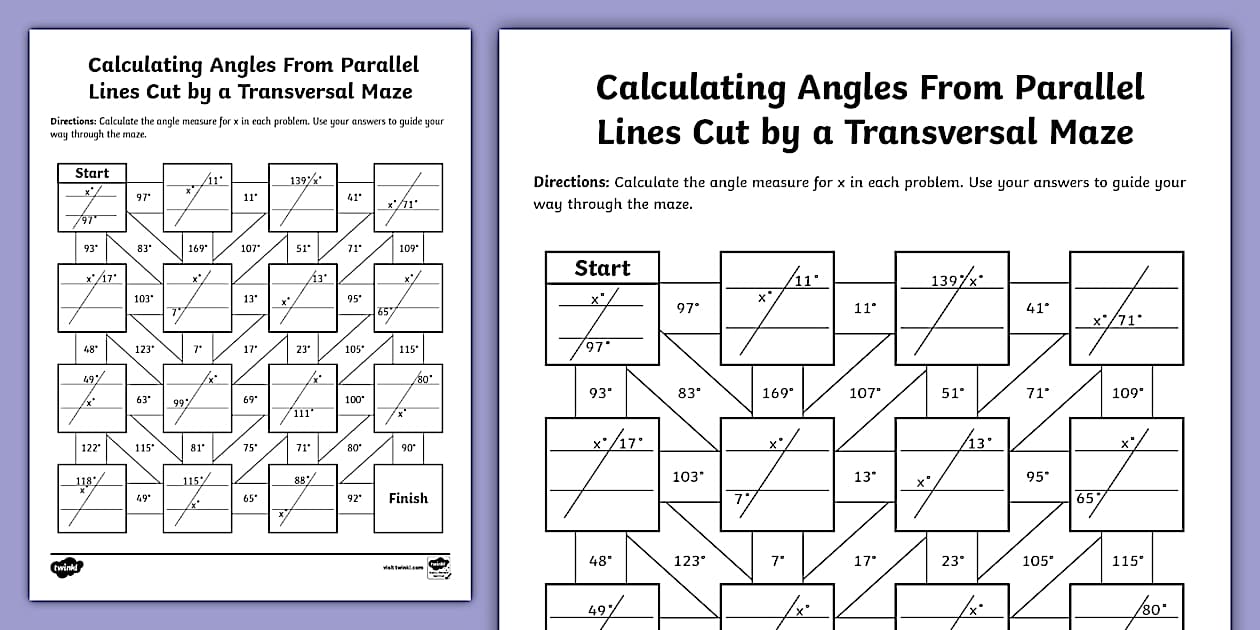 8th Grade Calculating Angles From Parallel Lines Cut by a Transversal Maze