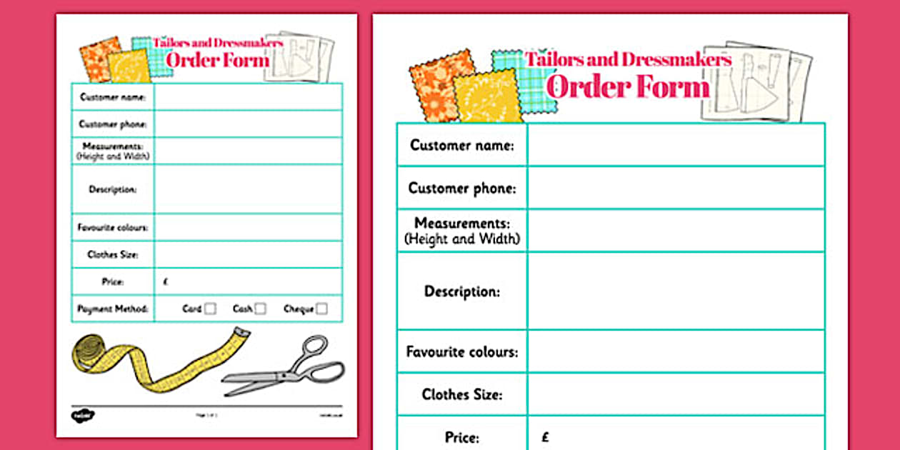 Tailors and Dressmakers Shop Order Sheets (teacher made)