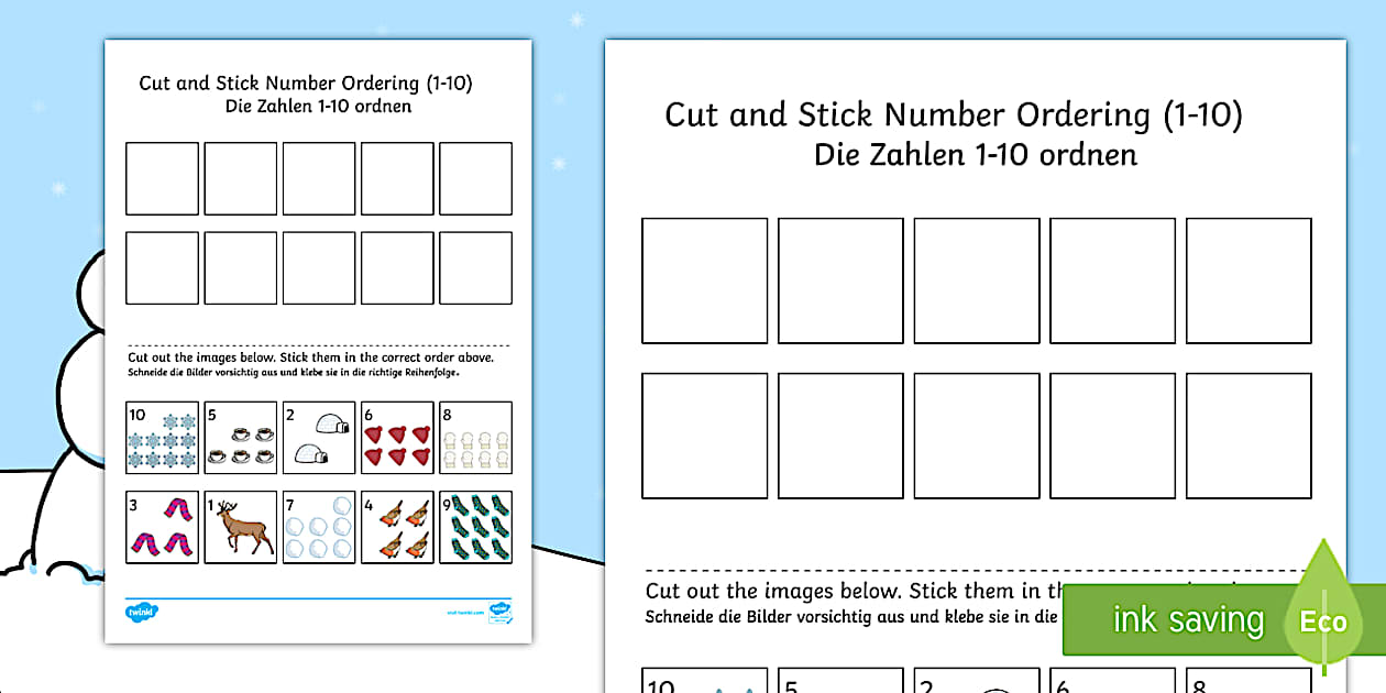 Winter Themed Cut and Stick Number Worksheet / Worksheets English/German