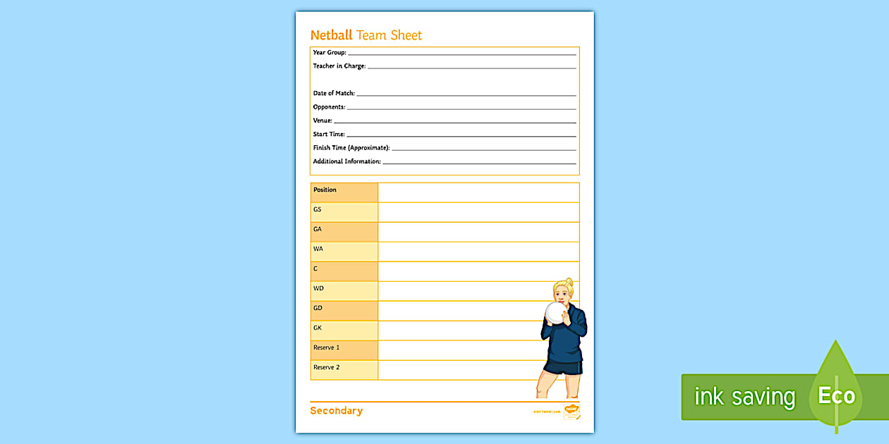 Black and White Netball Team Sheet Editable Proforma