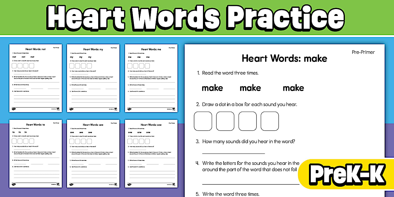 Pre-Primer Heart Words Practice Worksheets Set 2