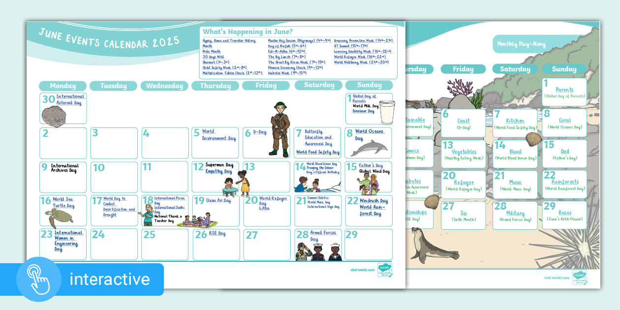June Events and Play-Along Calendar Pack (2025) - Twinkl
