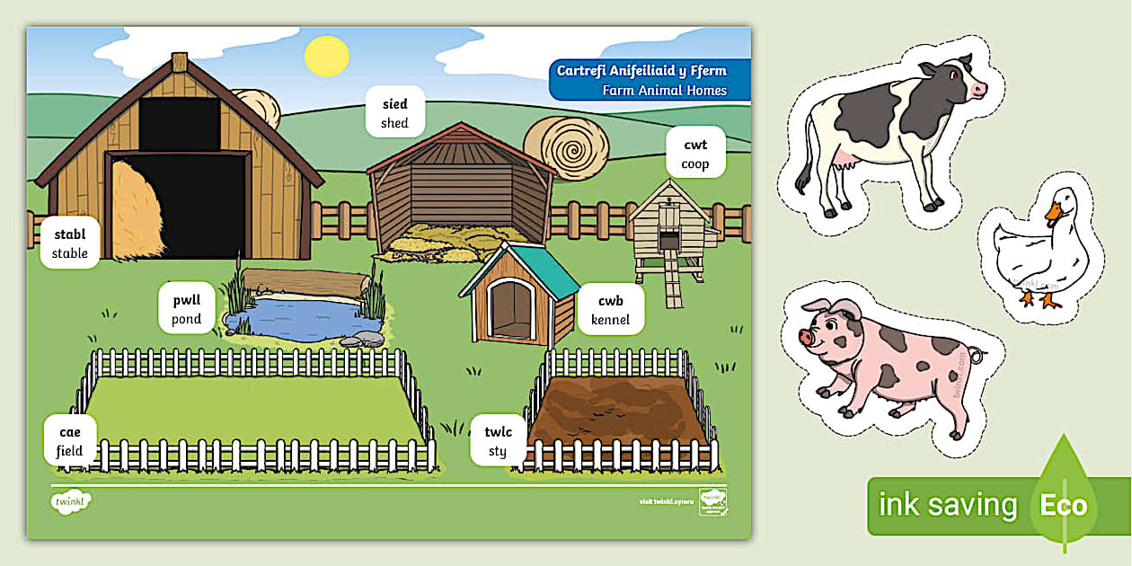 Bilingual Welsh/English Farm Animal Homes Activity - Twinkl