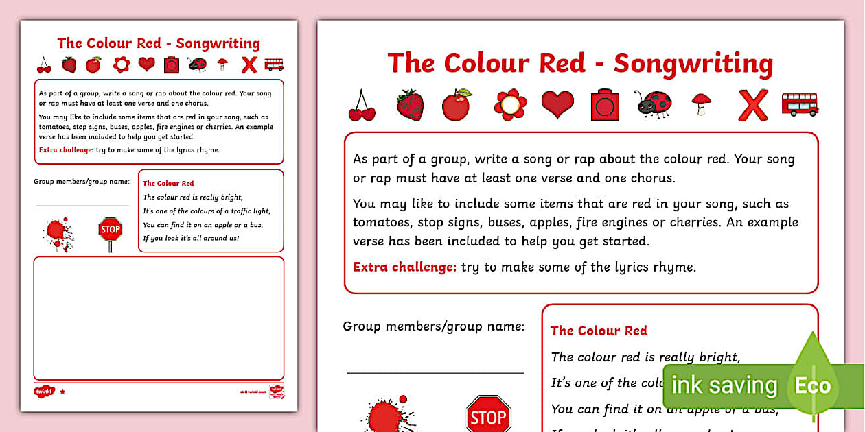 The Colour Red Songwriting Activity (teacher made) - Twinkl