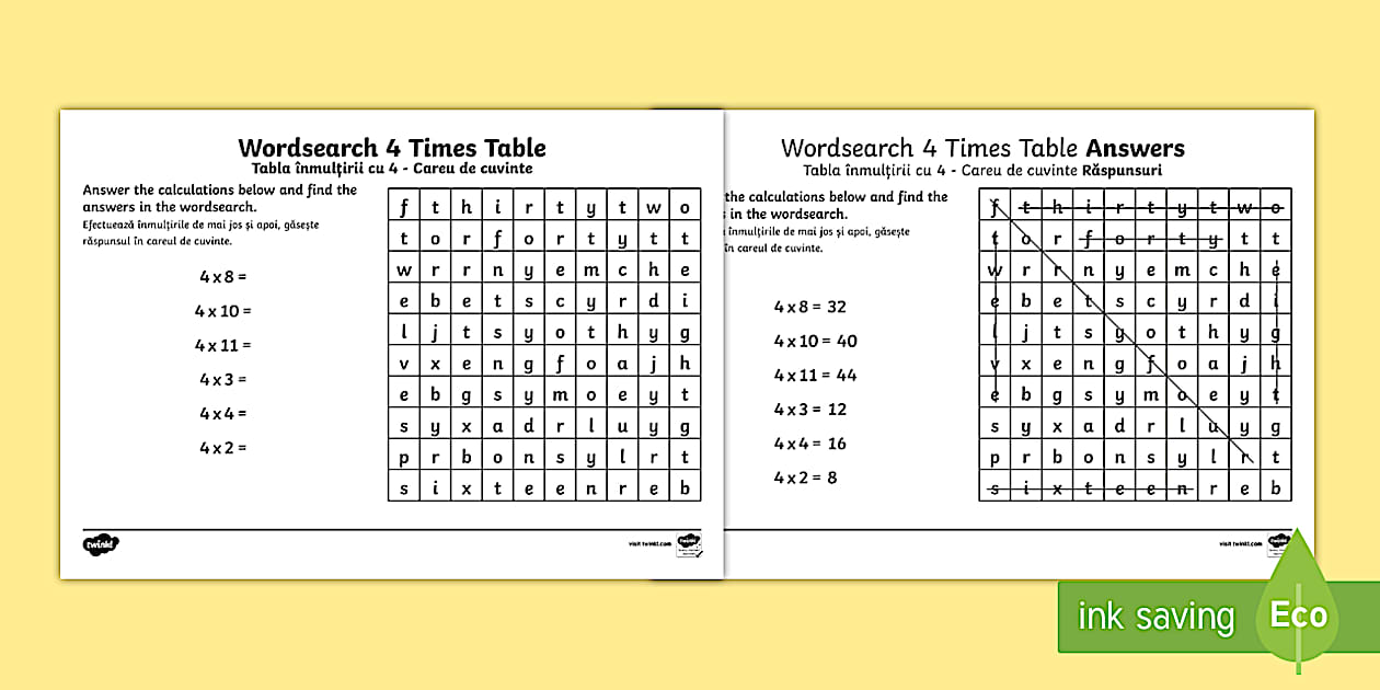 Multiplication 4 Times Tables Wordsearch Worksheet / Worksheet