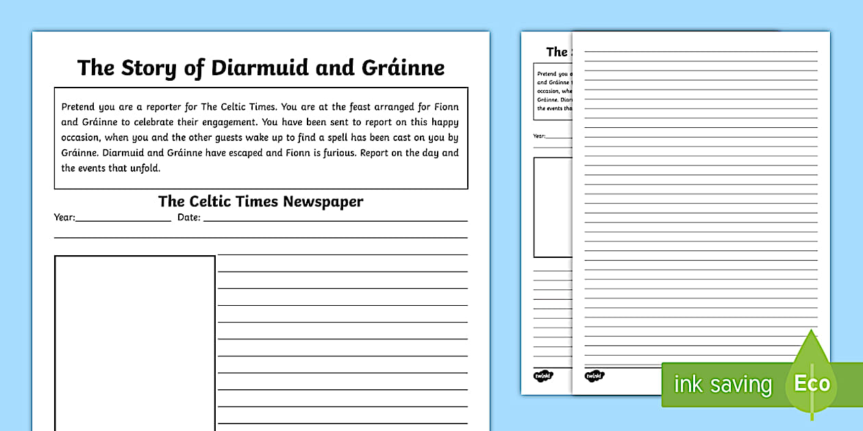 The Story of Diarmuid and Gráinne Newspaper Writing Worksheet / Worksheet
