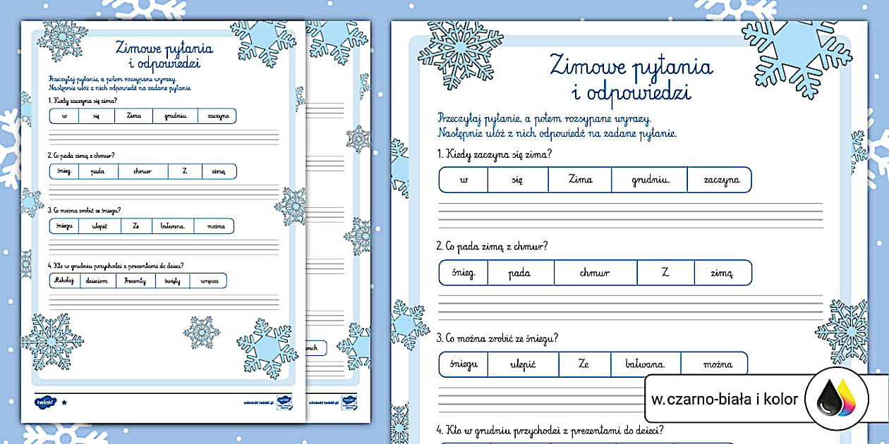 Ułóż odpowiedzi na zimowe pytania | Zdanie | Zima