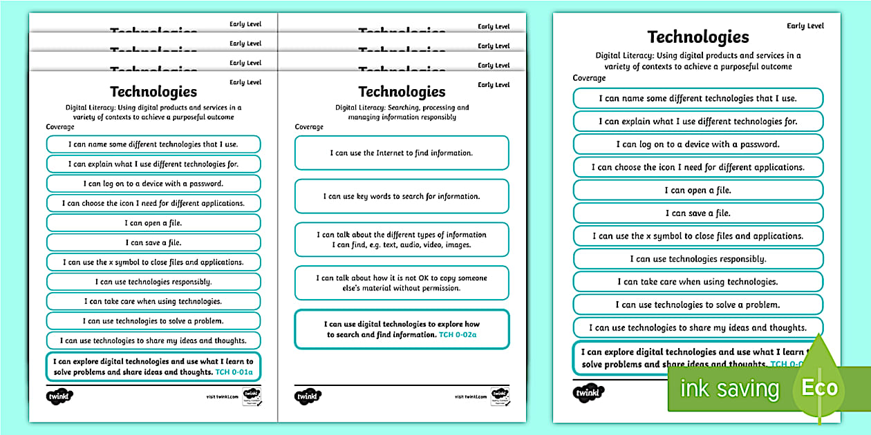 Editable CfE Early Level Technologies Child-Friendly Assessment Tracker