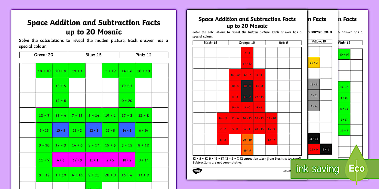 KS1 Space-Themed Addition and Subtraction Facts up to 20 Mosaic Worksheets