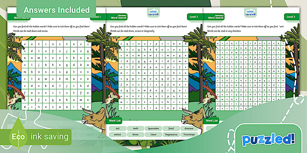 Fun Dinosaurs Word Search Puzzle Pack - Twinkl Puzzled