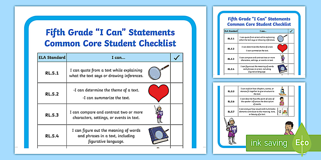 Fifth Grade I Can Statements Common Core Student Checklist Large Posters