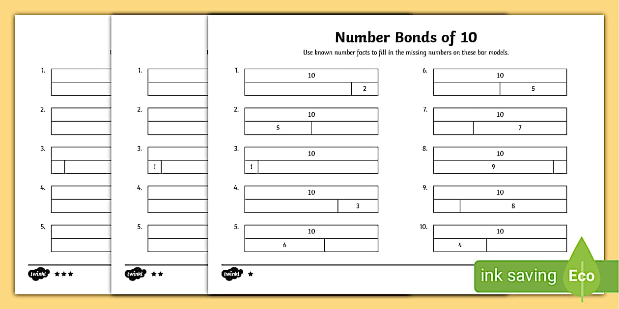Bar Modelling Number Bonds to 10 Differentiated Worksheet / Worksheet Pack