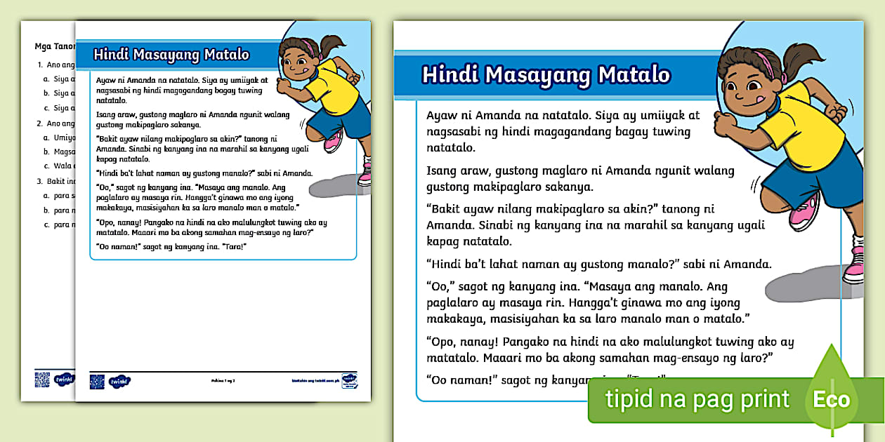 Pagbasa at Pag-unawa: Hindi Masayang Matalo | Twinkl