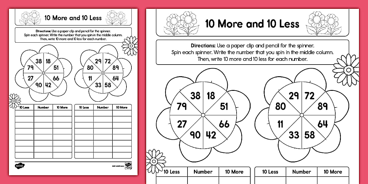 First Grade Spring 10 More and 10 Less Worksheet - Twinkl