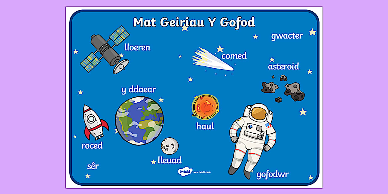 Cursive Space Scene Word Mat Welsh Translation - Twinkl