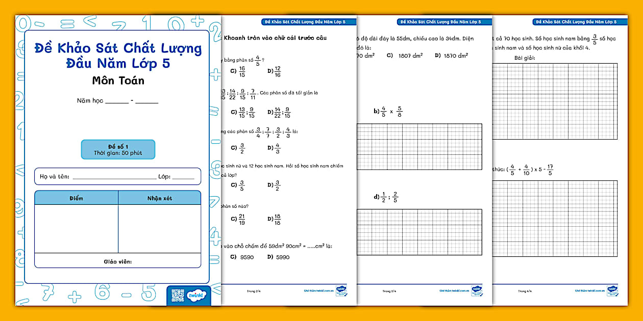 Đề Kiểm Tra Khảo Sát Năng Lực Lớp 4 Vào Lớp 5 Môn Toán- Đề 1