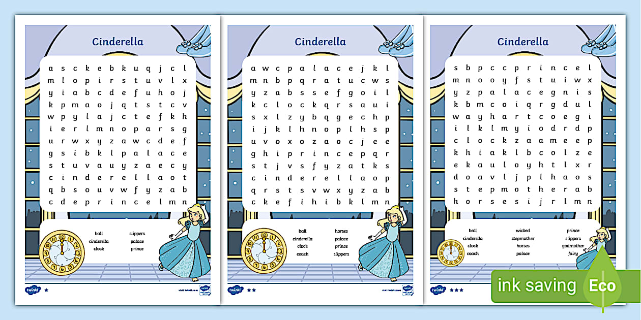 Black and White Cinderella Word Search (teacher made)