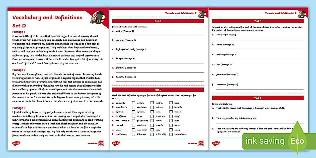 Vocabulary and Definitions Set D Activity Sheets - Twinkl