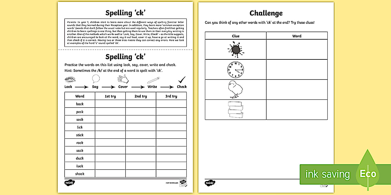Spelling: 'ck' Words Activity Sheet (Ages 5 - 6) - Twinkl