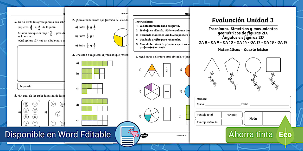 Prueba de matemáticas cuarto básico - Unidad 3 - Twinkl