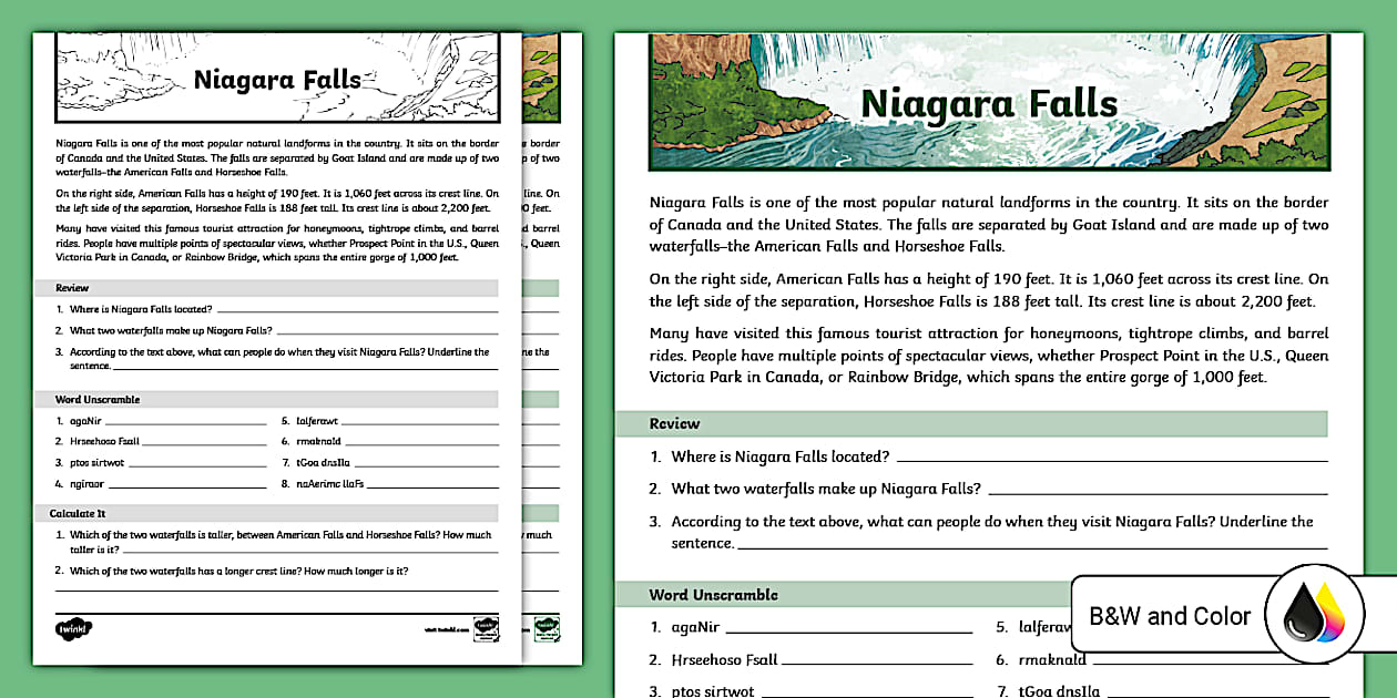Fifth Grade Niagara Falls Read and Write a Response Worksheet