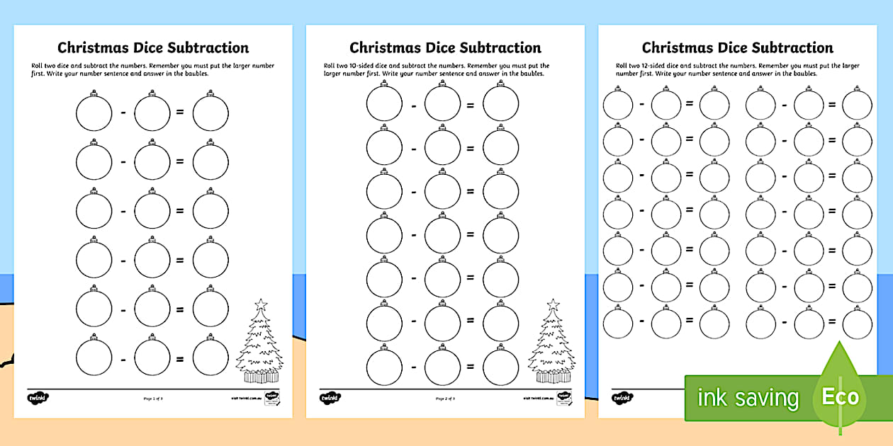 Differentiated Christmas Dice Subtraction Worksheets
