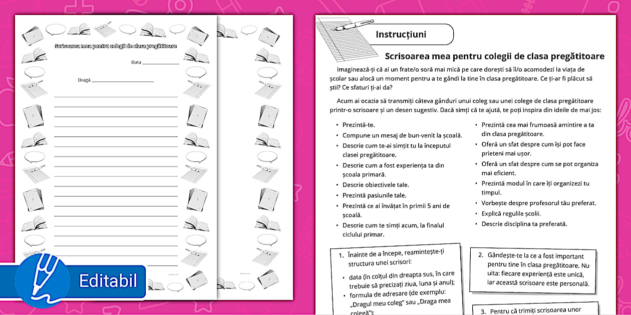 Scrisoarea elevului de-a V-a către clasa pregătitoare Fișă