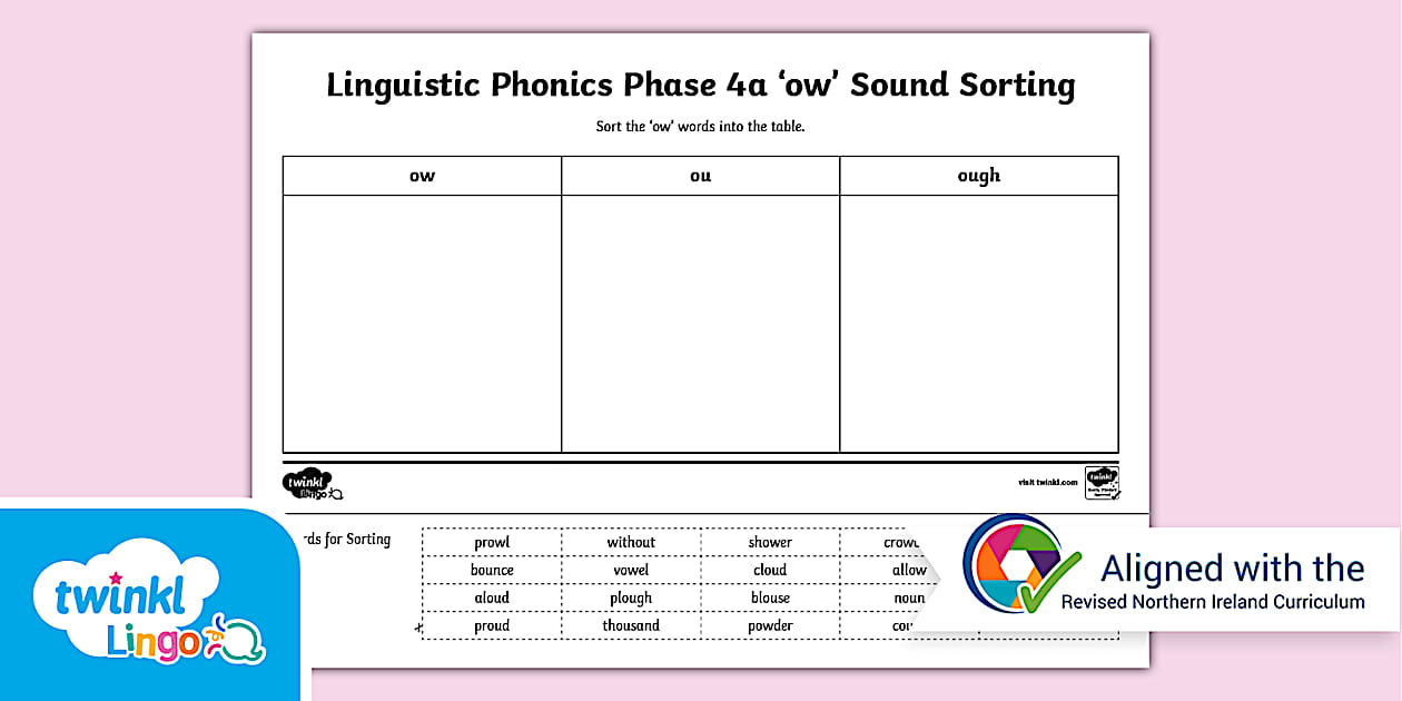 NI Linguistic Phonics Phase 4a 'ow' Sound Sorting Worksheet