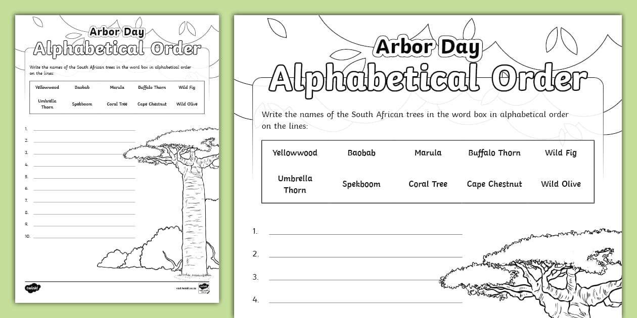 Arbor Week Alphabetical Order Activity Sheet - Twinkl