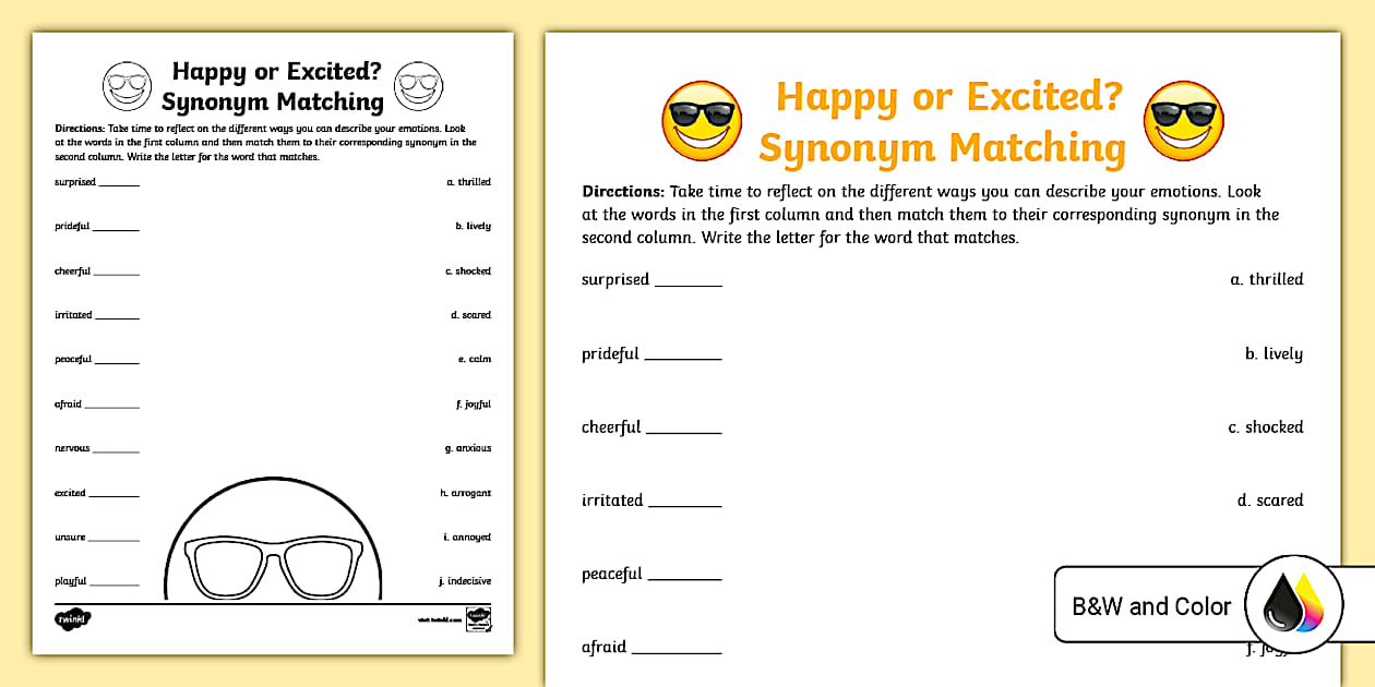 “Excited” Synonym Worksheet | Fifth Grade | Twinkl USA