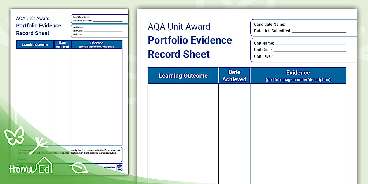 AQA/LCB Portfolio Evidence Record Sheet Blank Template