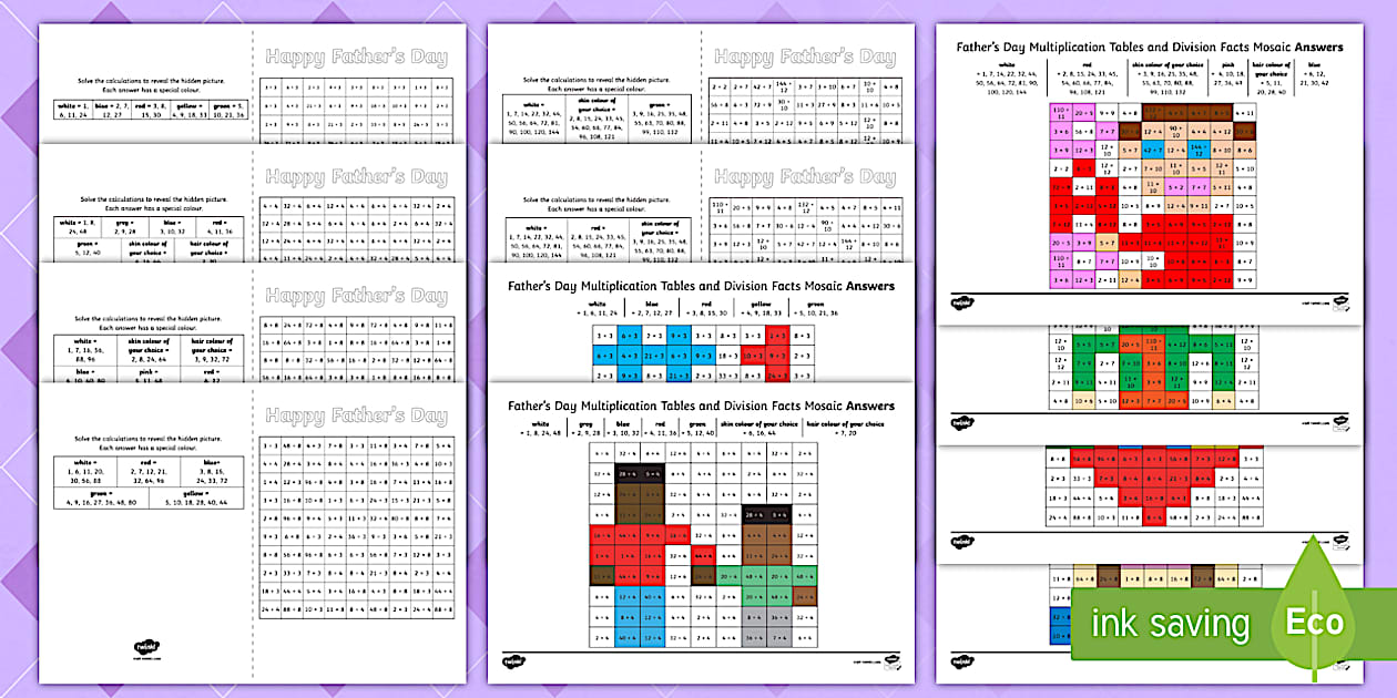 Fathers Day Multiplication Tables Maths Mosaic Cards