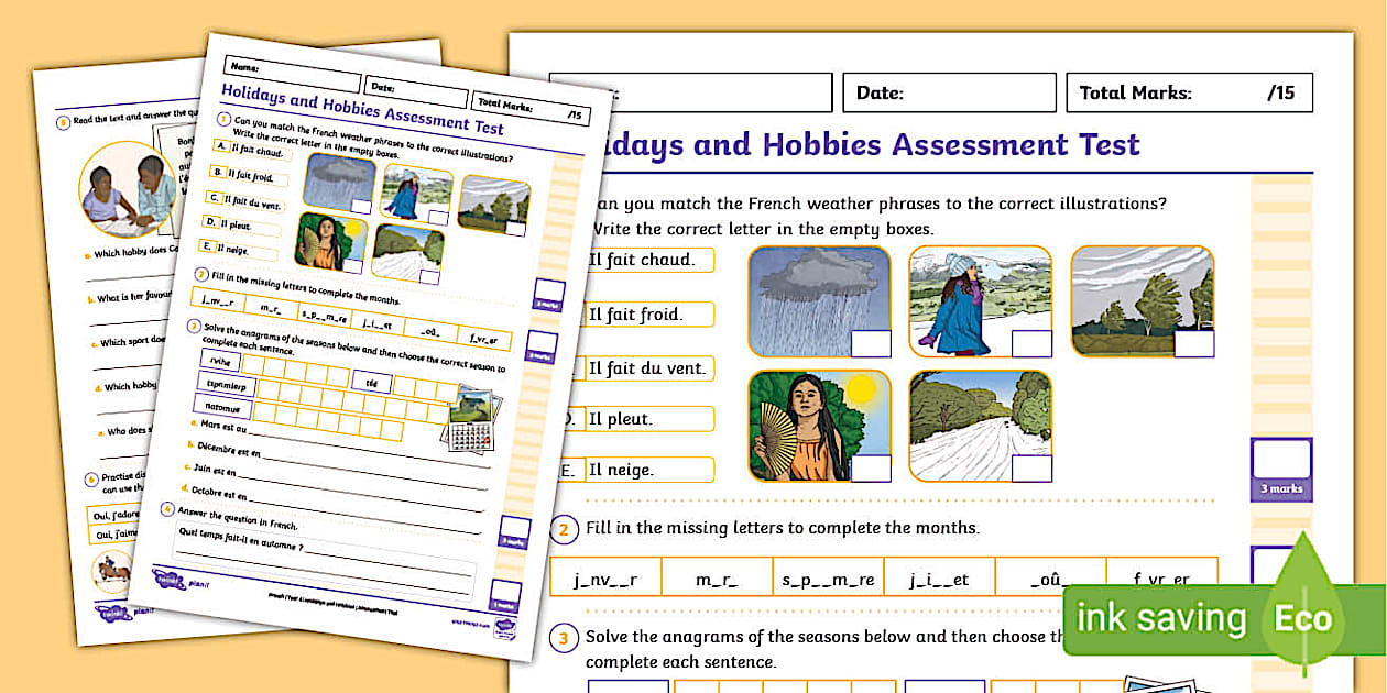 👉 French: Holidays and Hobbies: Year 4 Assessment Test