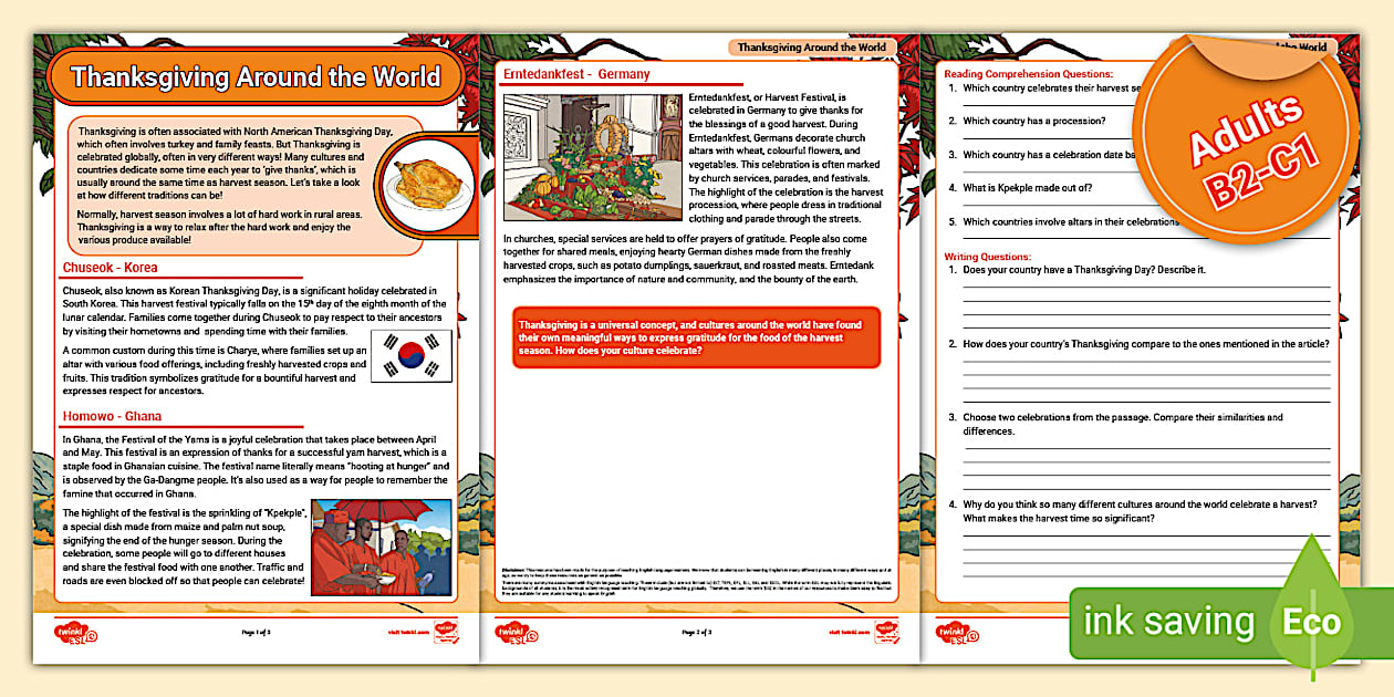 ESL Comprehension: Thanksgiving Around the World [Teens, B2]