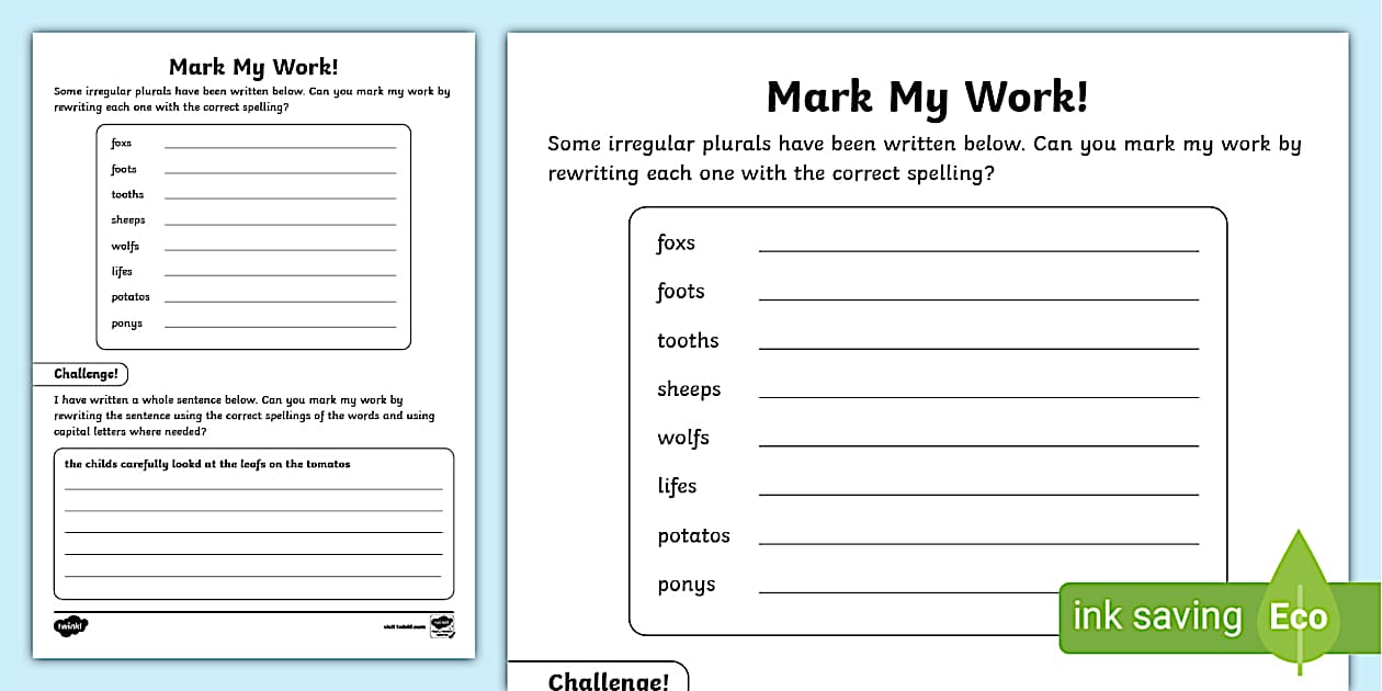 Mark My Work! Irregular Plurals,irregular plurals - Twinkl
