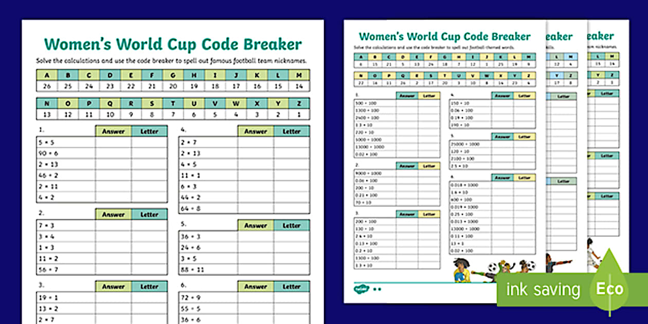 UKS2 Women's World Cup Football Code Breaker Differentiated Worksheets