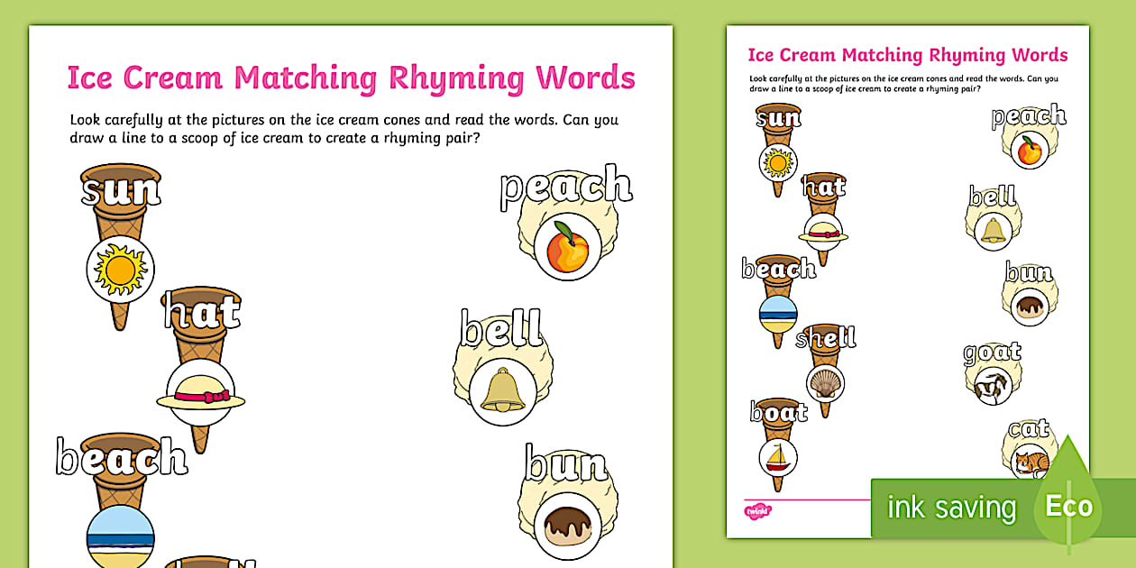 Ice Cream Matching Rhyming Words Worksheet (teacher made)