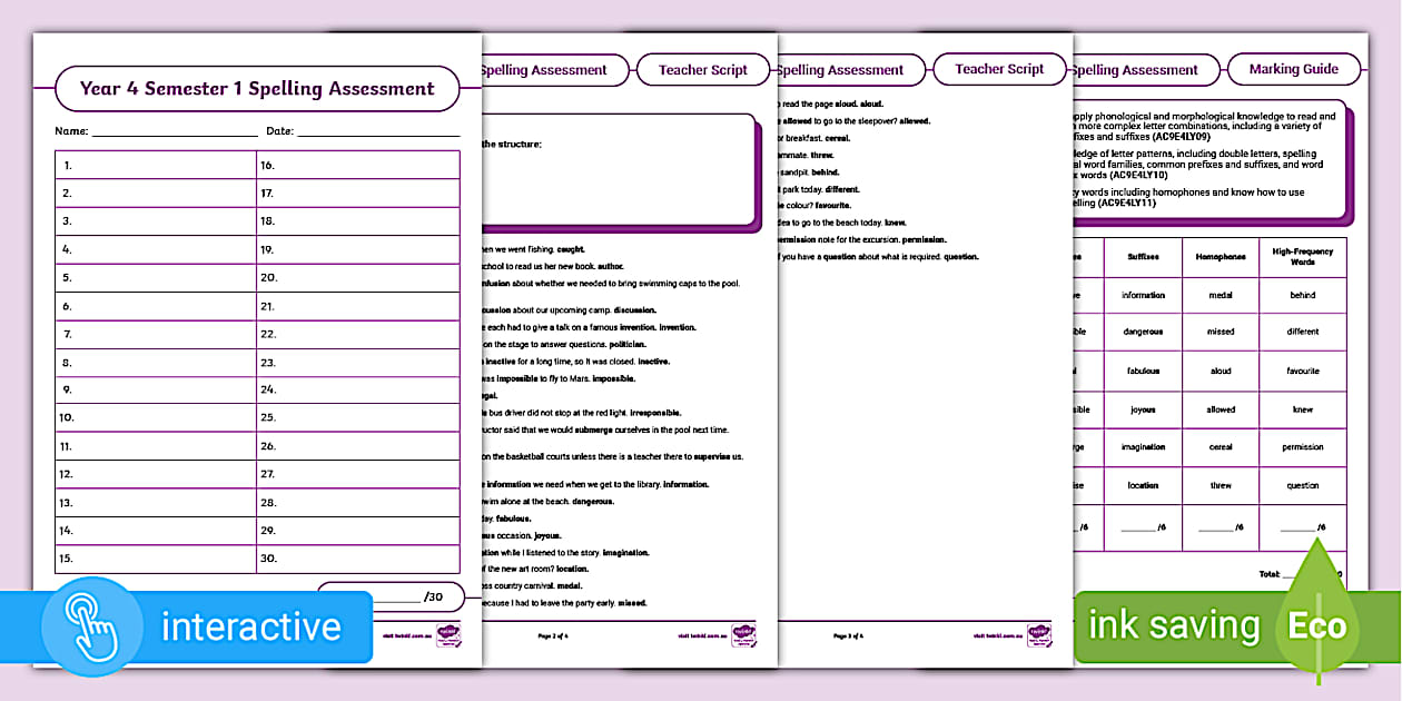Year 4 Semester 1 Spelling Assessment (teacher made)