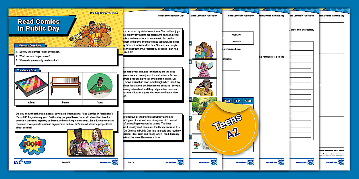 ESL Reading Comprehension: Read Comics Public Day - Twinkl