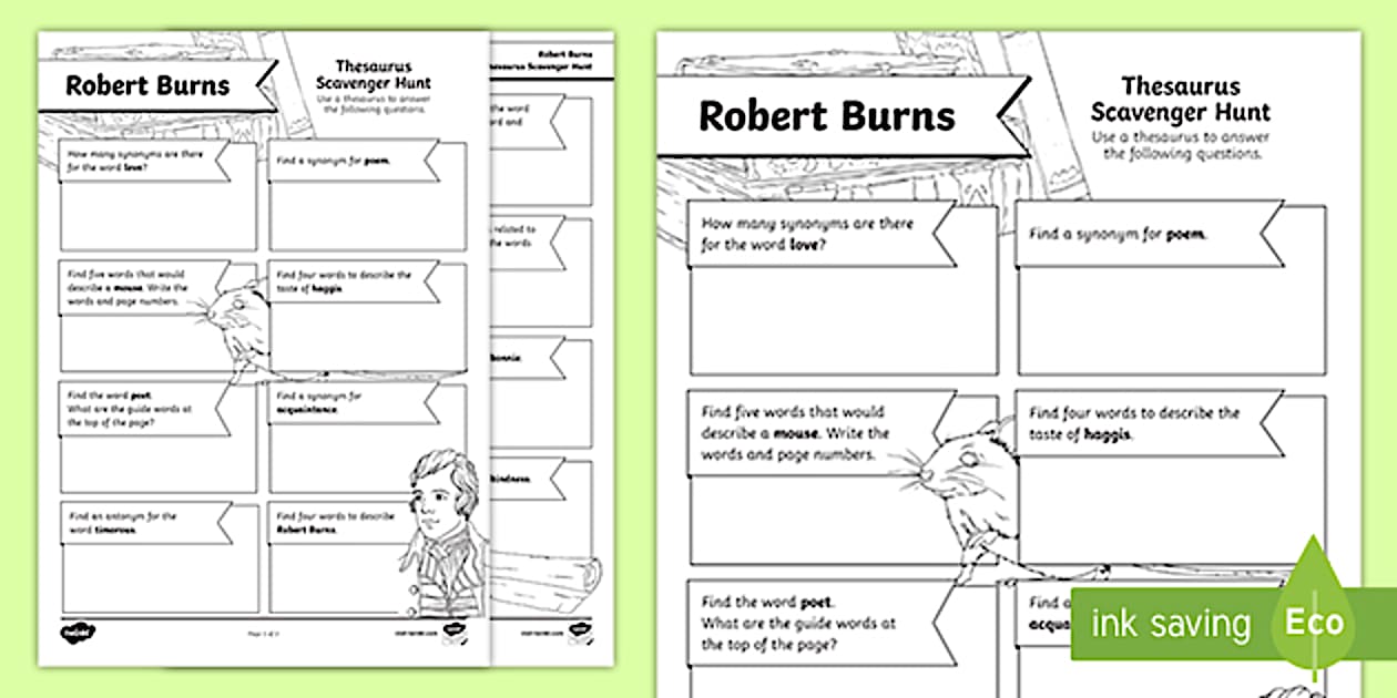 Editable Robert Burns Thesaurus Scavenger Hunt Worksheet