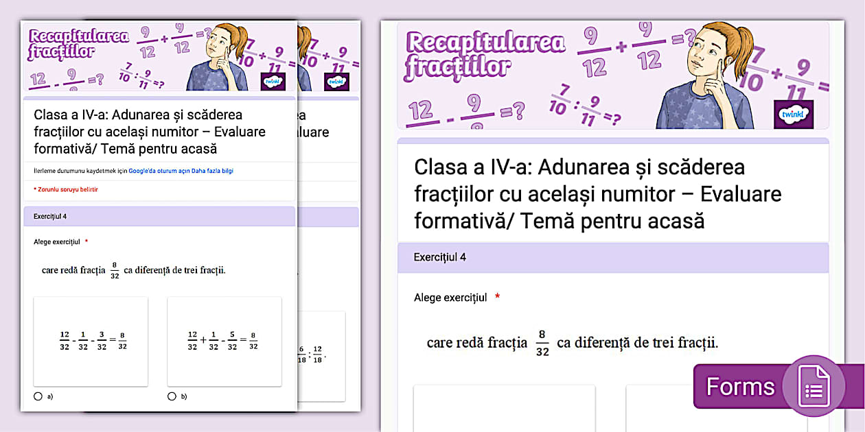 Adunare scădere fracții Evaluare formativă/ Temă Clasa 4
