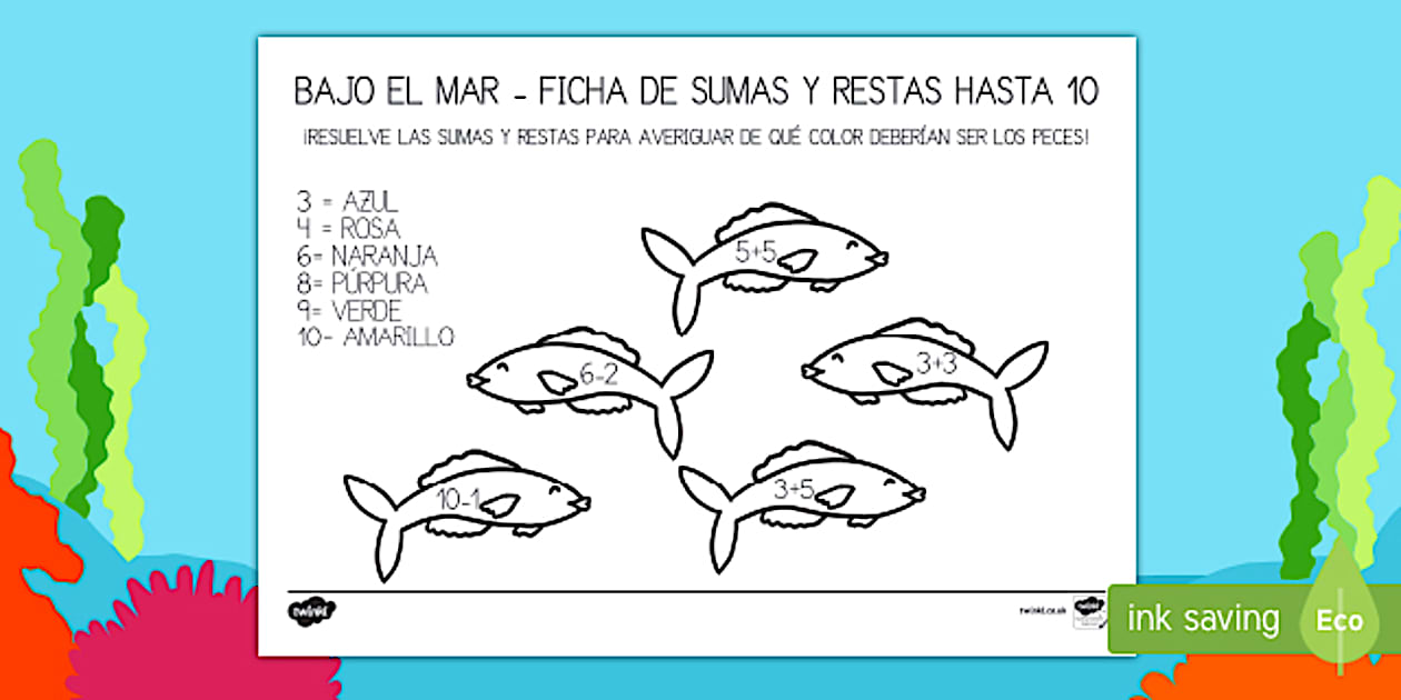 Bajo el mar sumas y restas hasta 20 Colorear con números