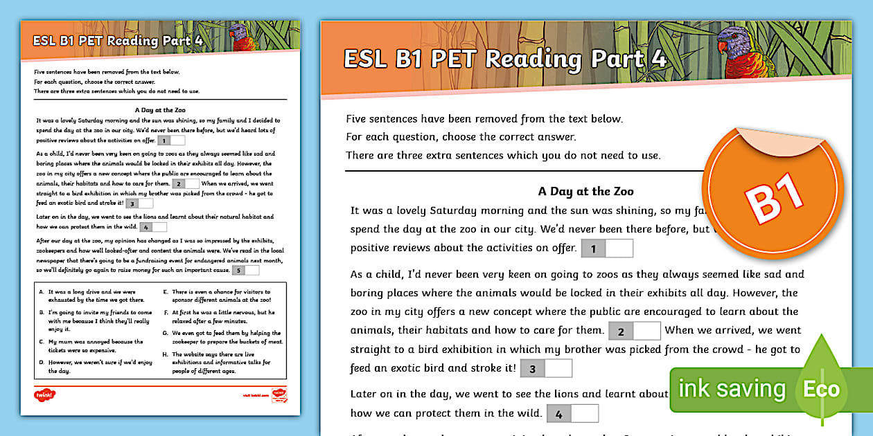 ESL B1 PET Reading Part 4 Worksheet (Zoo) (teacher made)